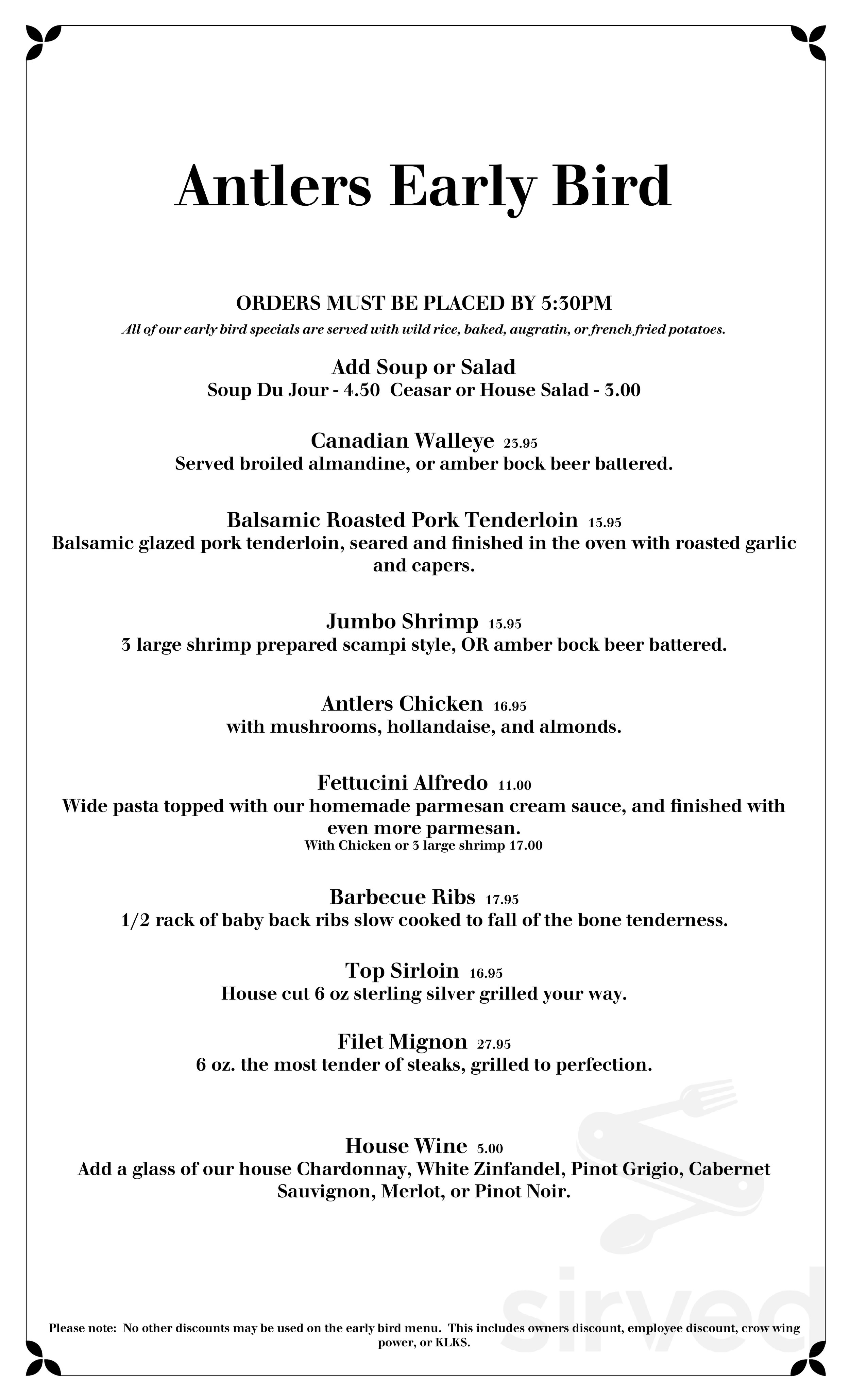 Antlers Restaurant menu in Breezy Point, Minnesota, USA