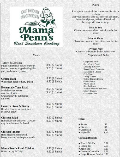 Mama Penn's Restaurant menu in Anderson, South Carolina, USA