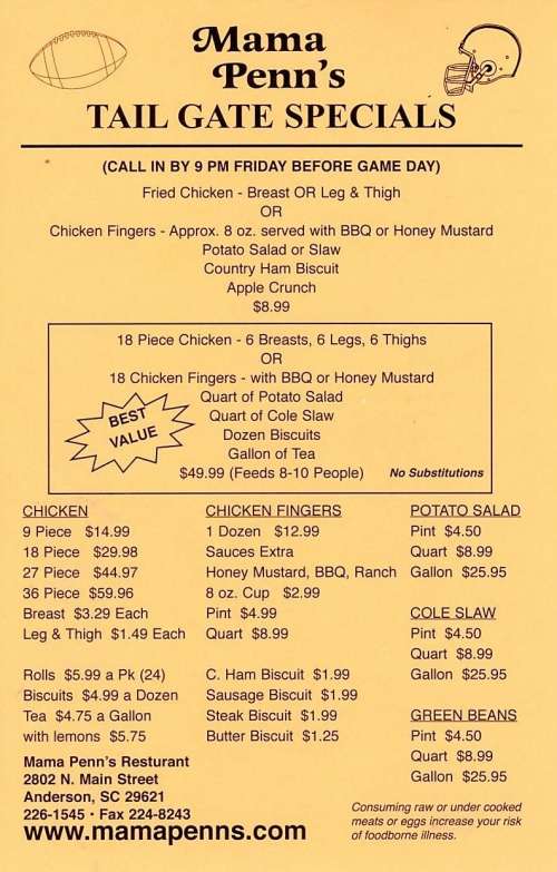 Mama Penn's Restaurant menu in Anderson, South Carolina, USA