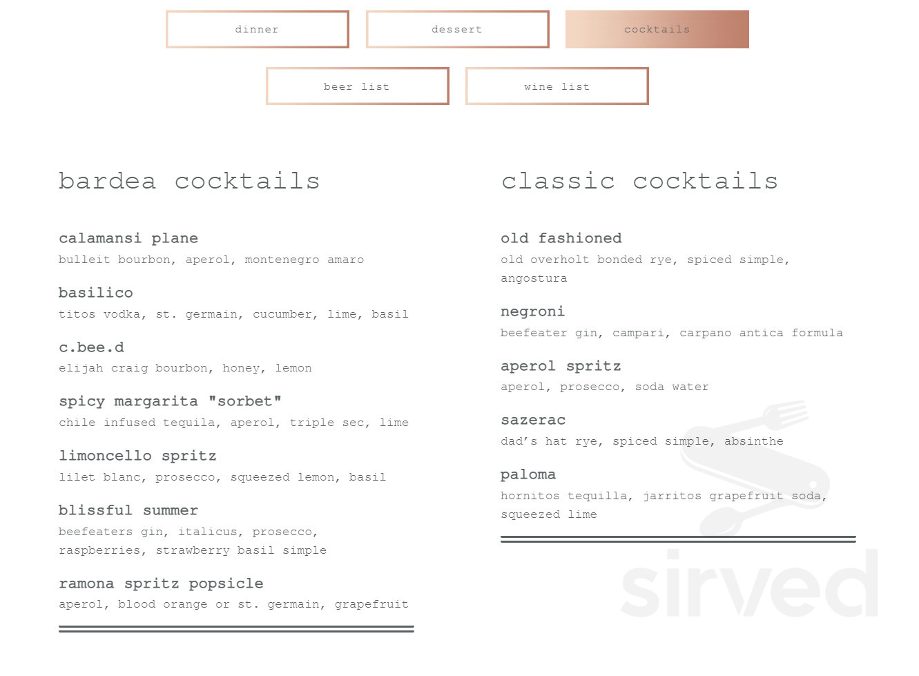 Bardea Food & Drink menu in Wilmington, Delaware, USA