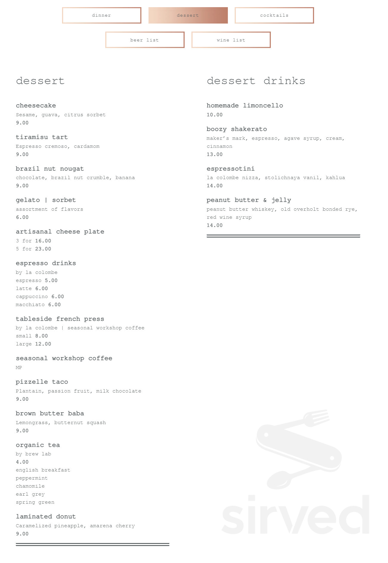 Menu - Wilmington DE's Bardea Food & Drink | Sirved