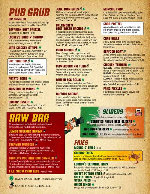 Looney's Pub menu in Fulton, Maryland, USA