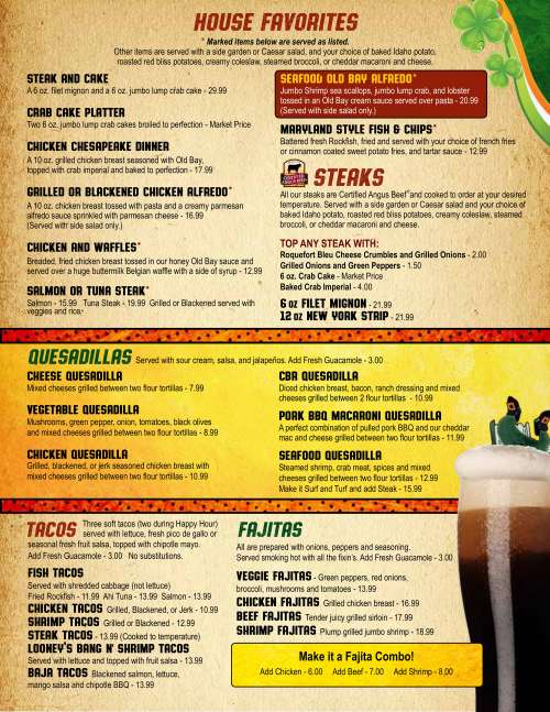 Looney's Pub menu in Fulton, Maryland, USA
