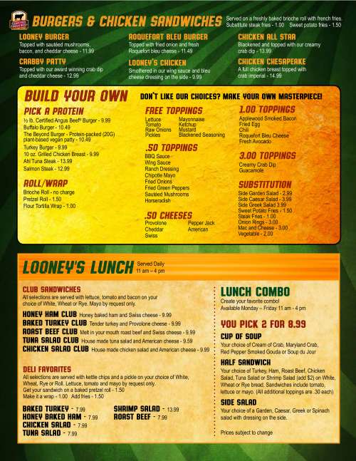 Looney's Pub menu in Fulton, Maryland, USA