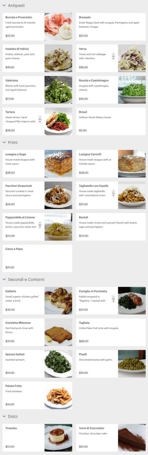 I Sodi menu in New York, New York, USA