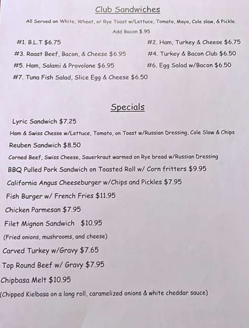 Lyric Restaurant menu in Shenandoah, Pennsylvania, USA