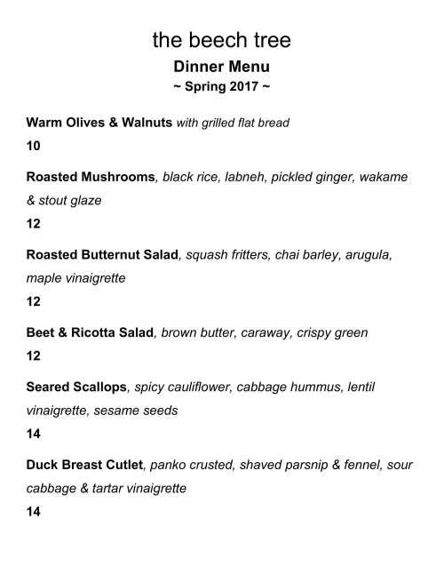 The Beech Tree menu in Toronto, Ontario, Canada