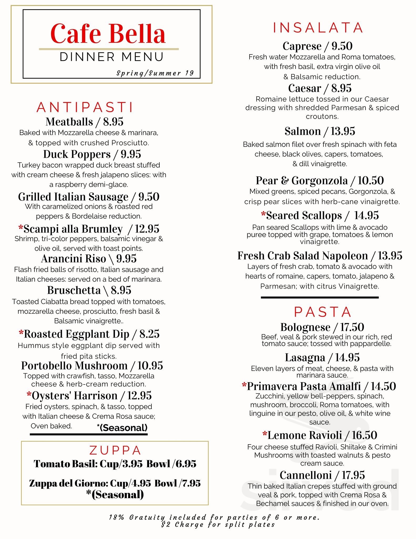 Cafe Bella menu in Lafayette, Louisiana, USA