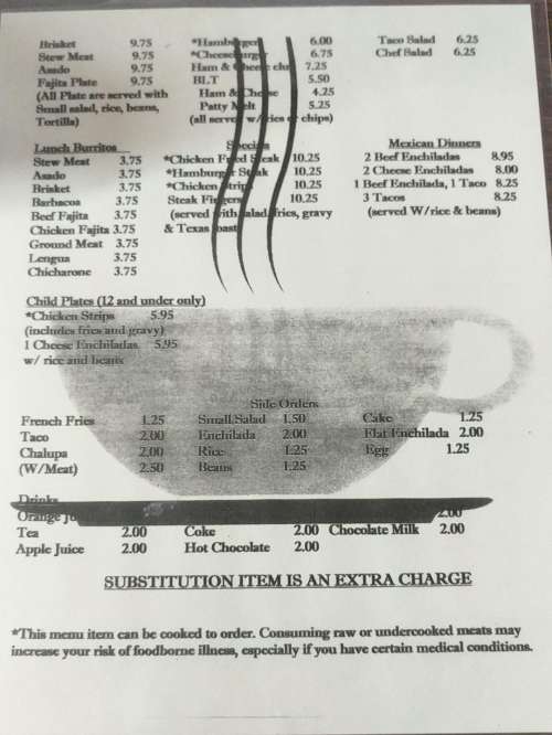 Estella's Country CornerCafe menu in Big Spring, Texas, USA