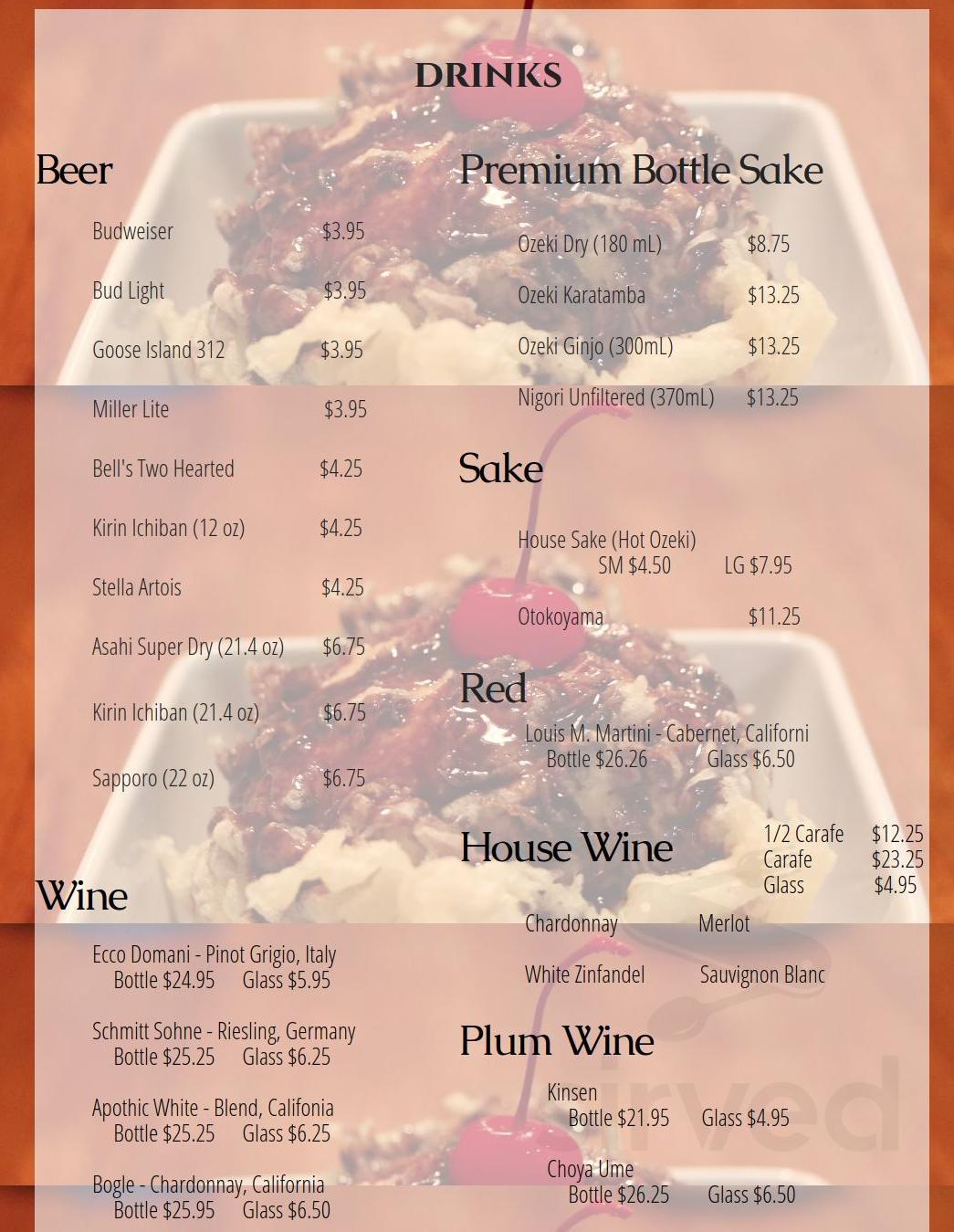 Sakura menu in Indianapolis, Indiana, USA