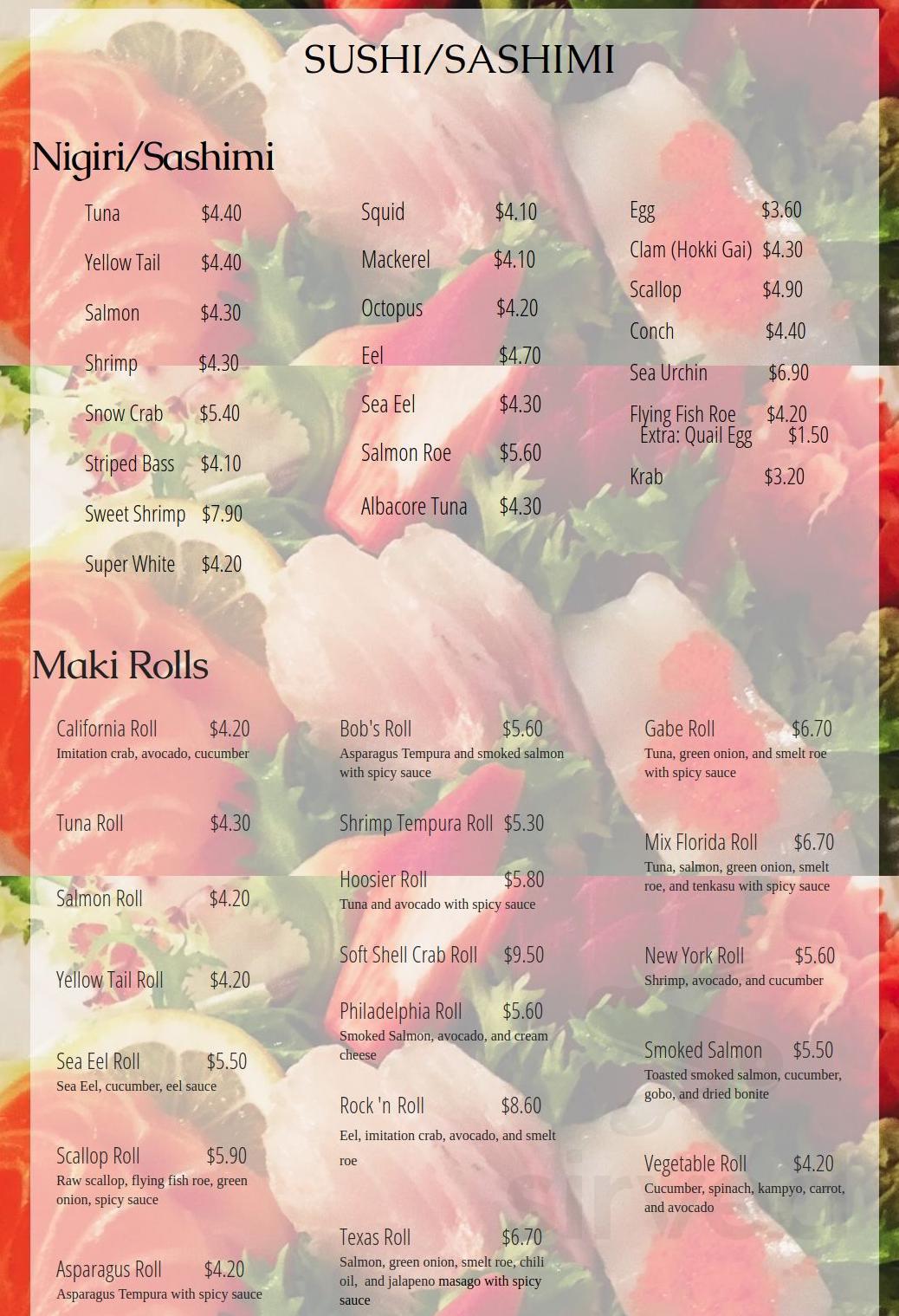Sakura menu in Indianapolis, Indiana, USA
