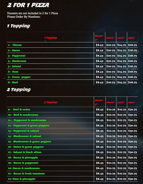 UFO Pizza menu in St. Paul, Alberta, Canada