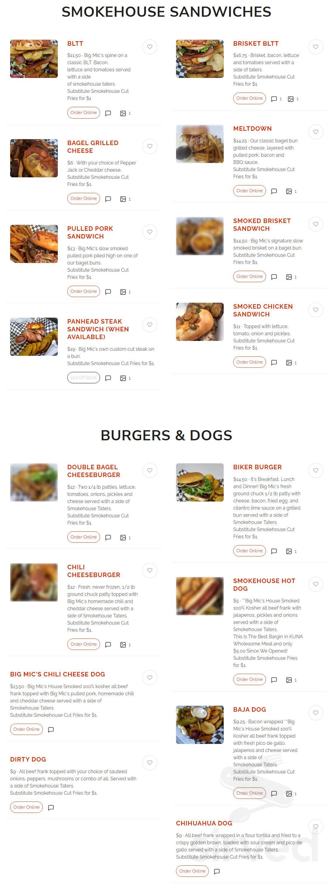 Menu - Kuna ID's Big Mic's Saloon & BBQ Smokehouse | Sirved
