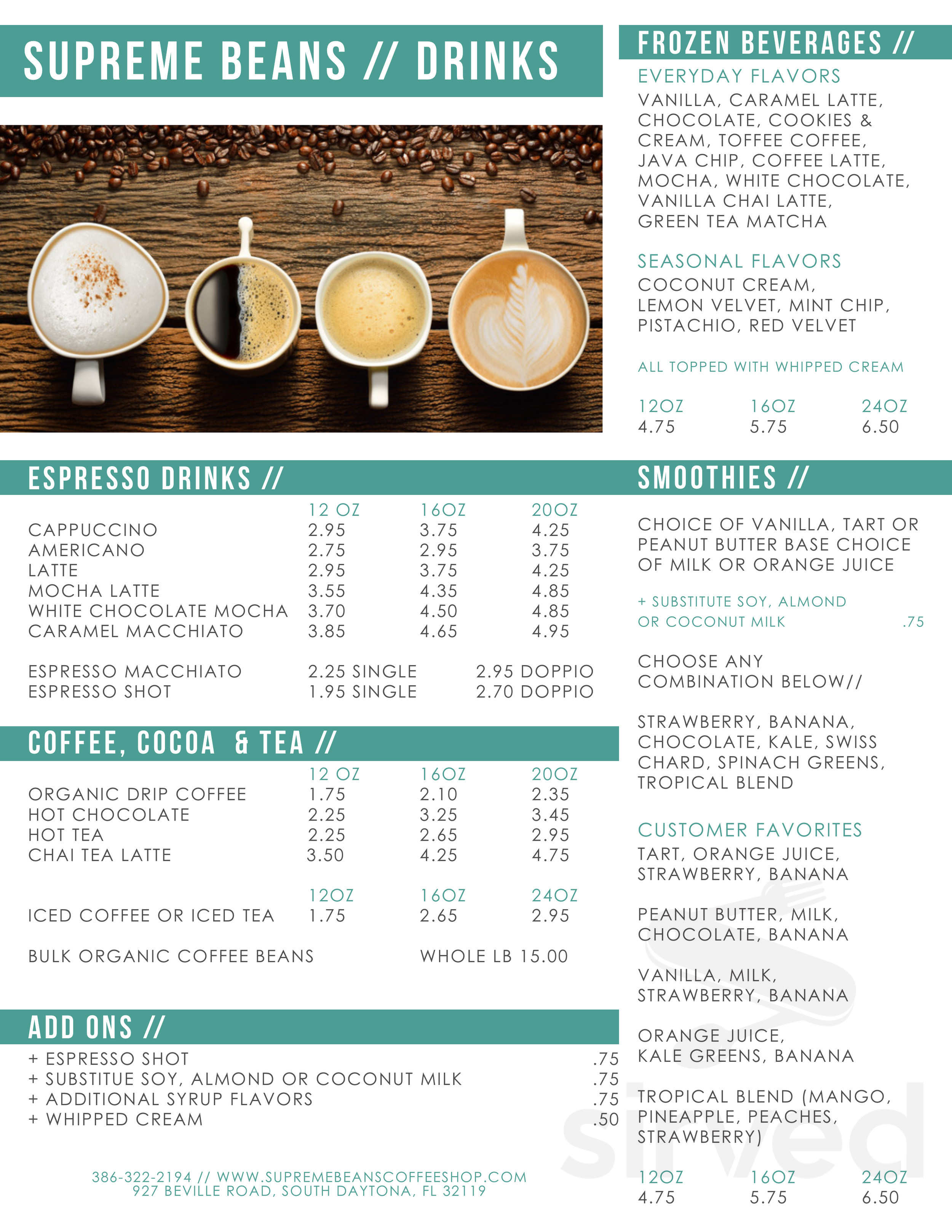 Supreme Beans Coffee Shop menu in South Daytona, Florida, USA