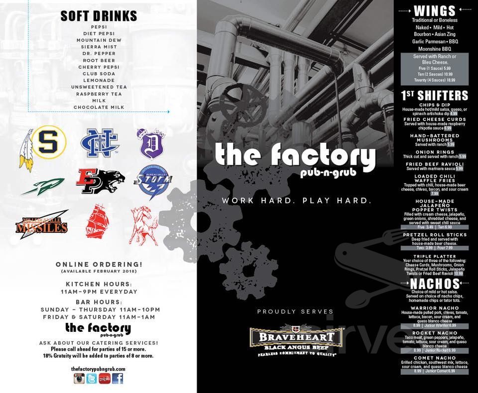 Menu - Sterling IL's The Factory Pub 'n' Grub | Sirved