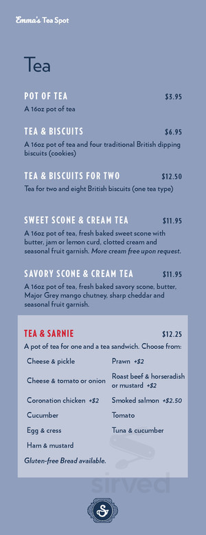 Emma's Tea Spot menu in Baltimore, Maryland, USA