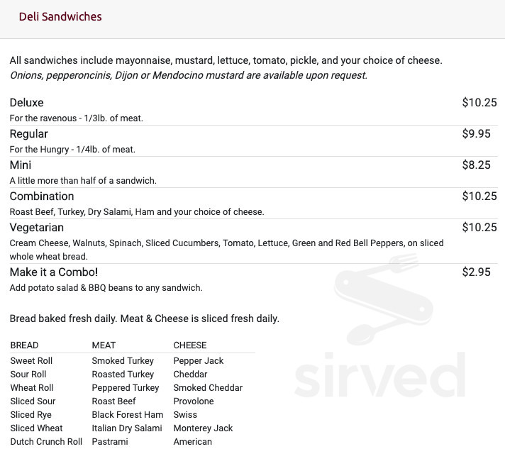 Menu for Kinder's Meats Deli BBQ in Hercules, California, United States