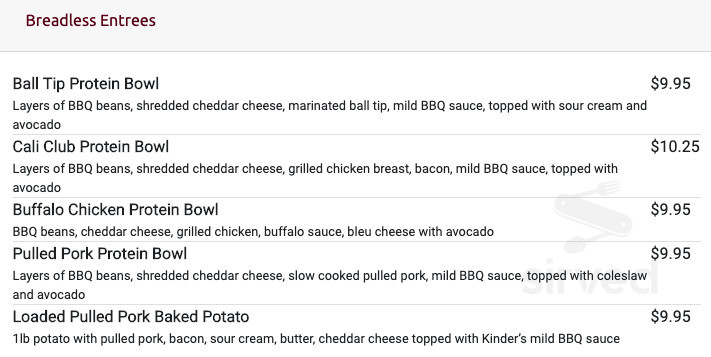 Menu for Kinder's Meats Deli BBQ in Hercules, California, United States