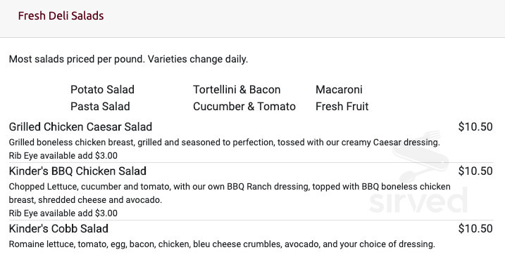 Menu for Kinder's Meats Deli BBQ in Hercules, California, United States