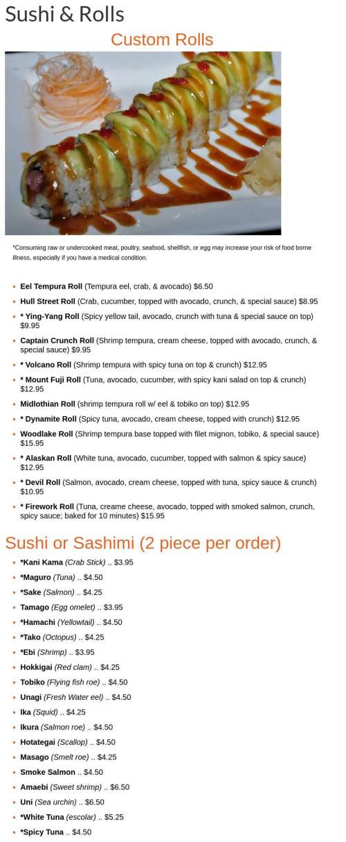 Shogun Japanese Steakhouse and Sushi Bar menu in Midlothian, Virginia, USA