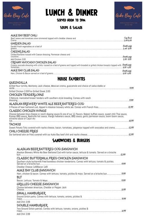 Auke Bay Cafe menu in Juneau, Alaska, USA