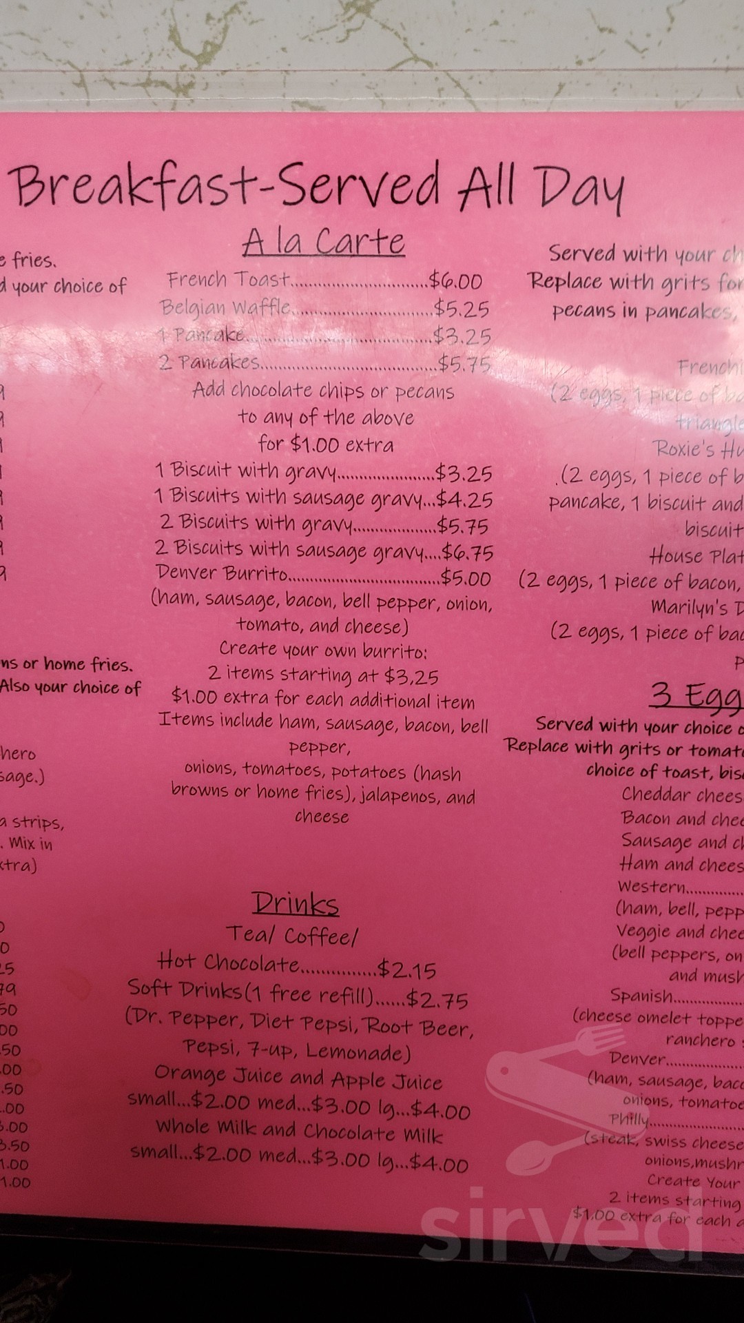 Roxie's Diner menu in San Angelo, Texas, USA