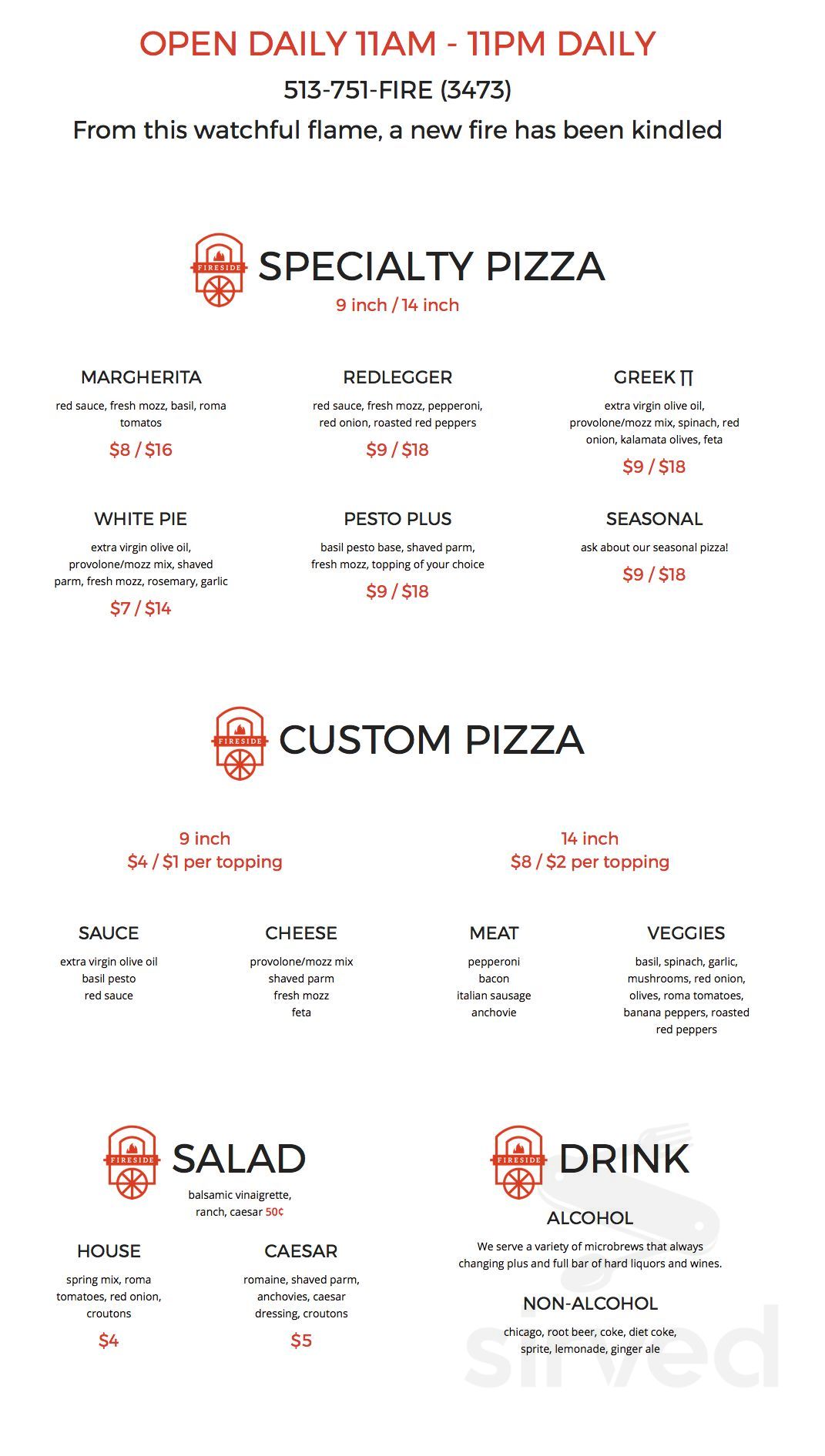 Fireside Pizza menu in Cincinnati, Ohio, USA