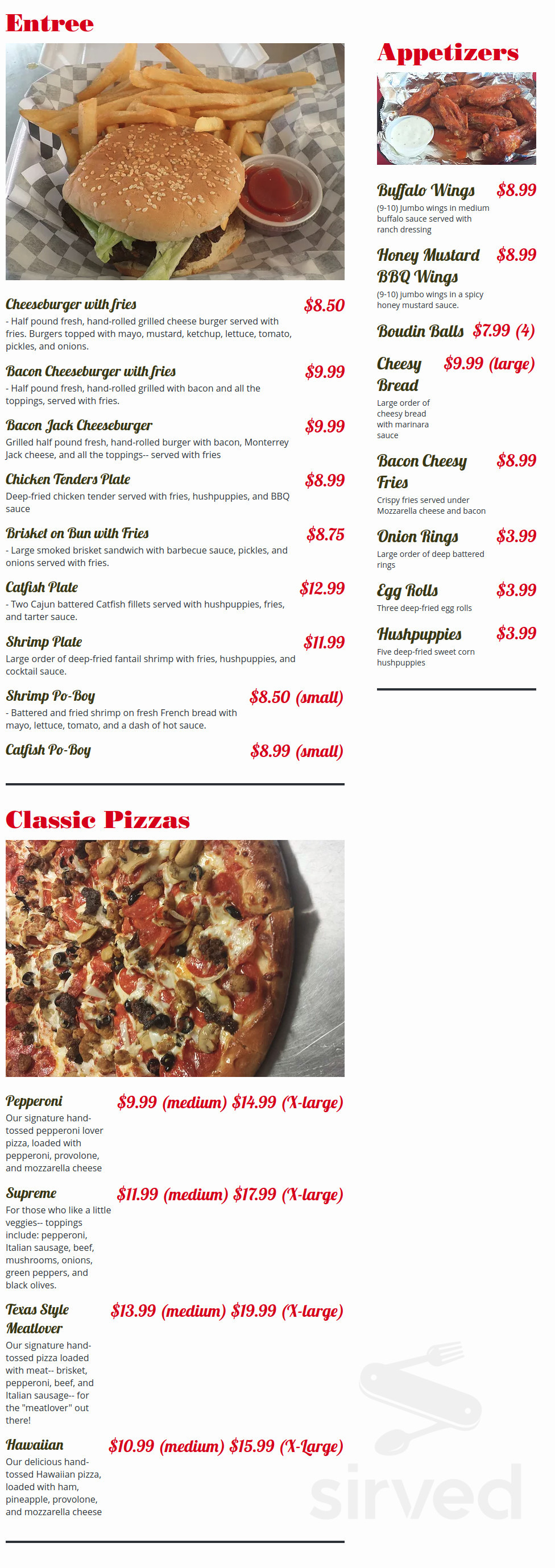 TK'S Pizza & Burgers menu in Karnes City, Texas, USA