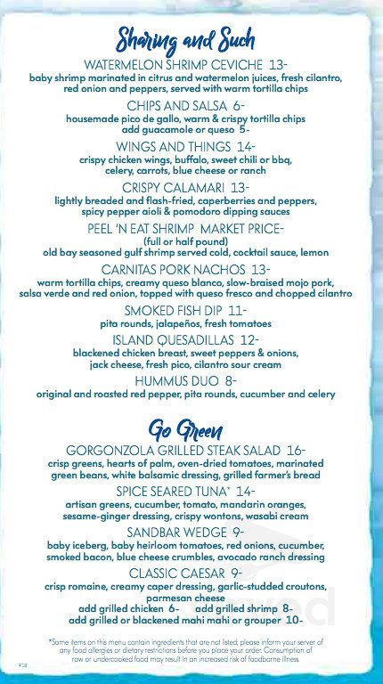 Sandbar menu in Clearwater Beach, Florida, USA