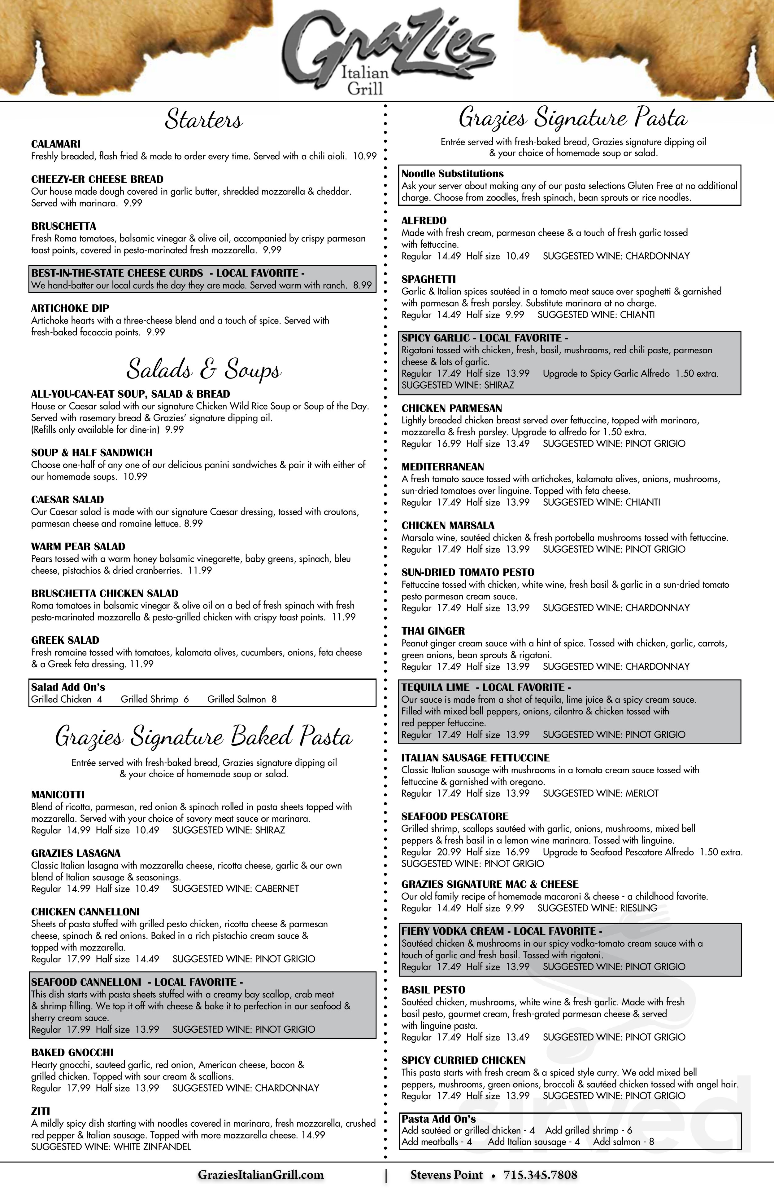 Grazies Italian | Restaurant and Grill menu in Fargo, North Dakota, USA