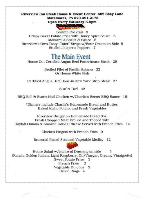 Riverview Inn menu in Matamoras, Pennsylvania, USA