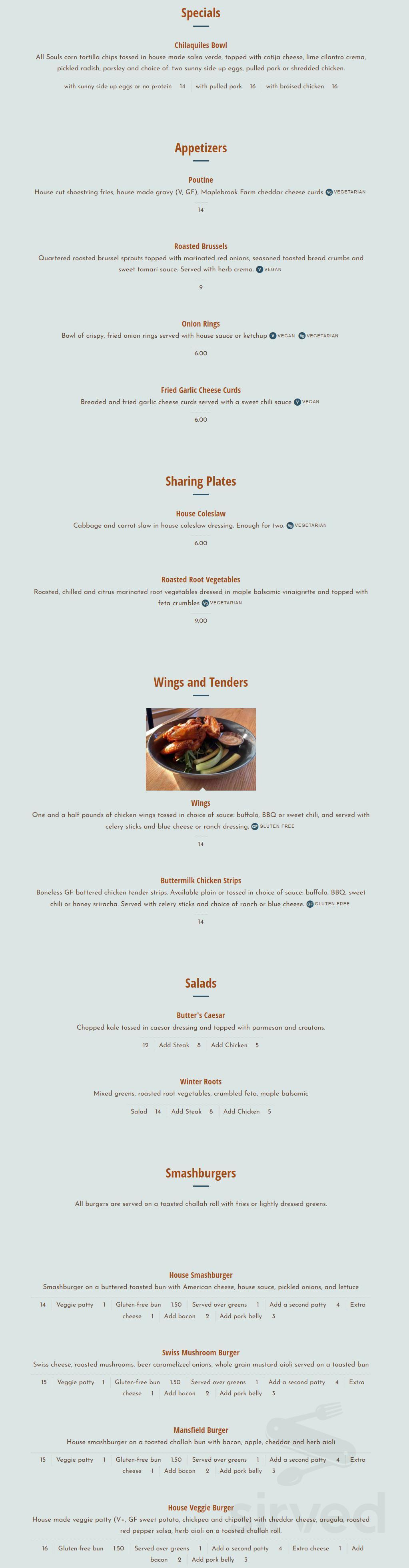 Butter Bar and Kitchen menu in Burlington, Vermont, USA