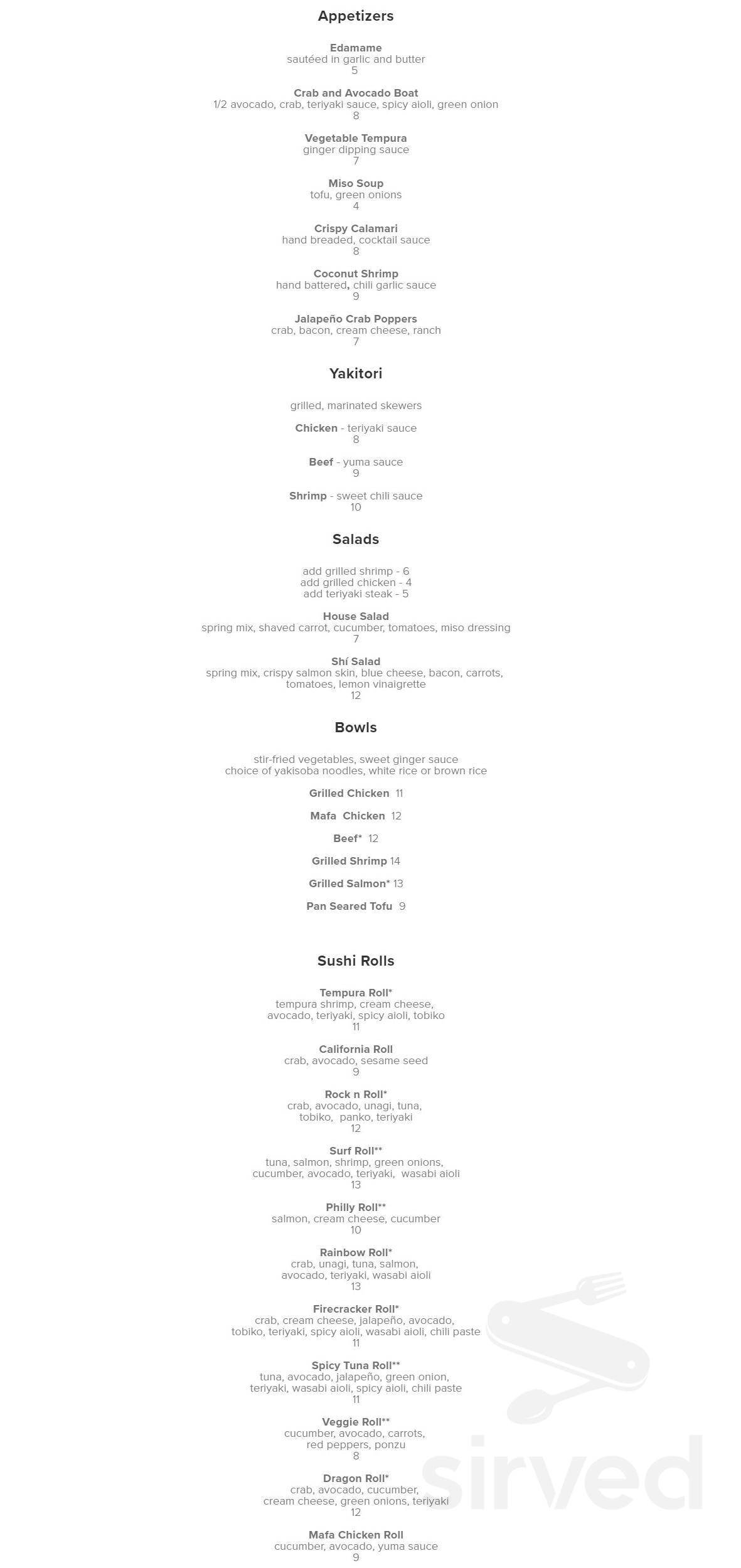 Shi Sushi and spirits menu in Caldwell, Idaho, USA