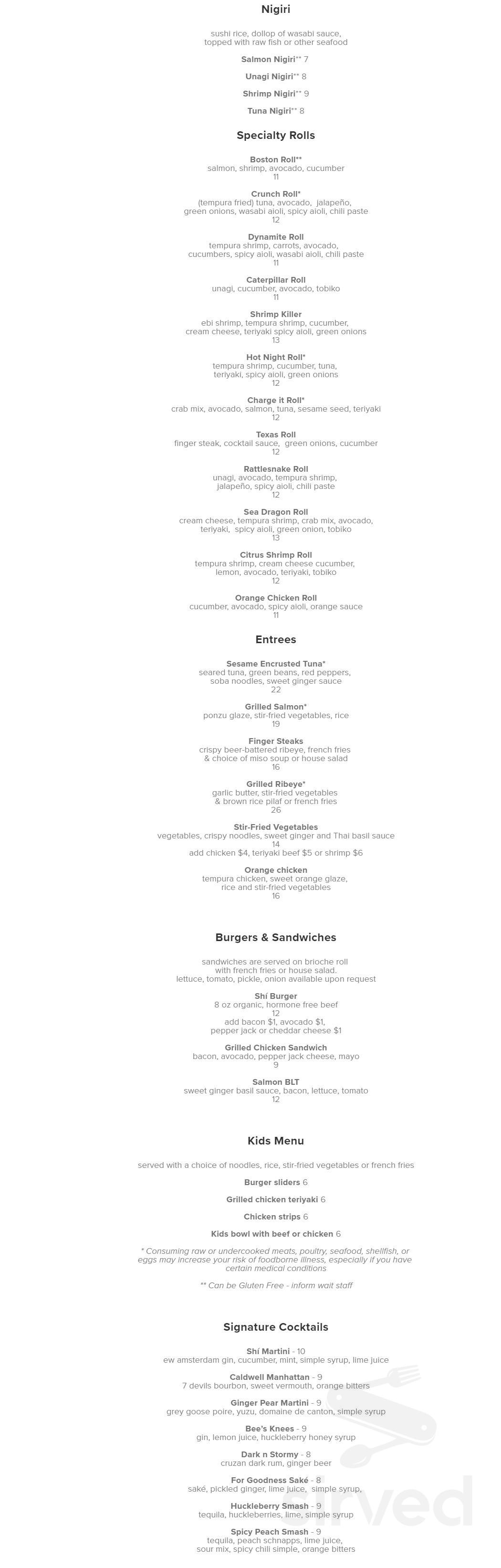 Shi Sushi and spirits menu in Caldwell, Idaho, USA