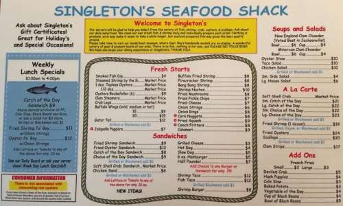 Singleton's Seafood Shack menu in Jacksonville, Florida, USA