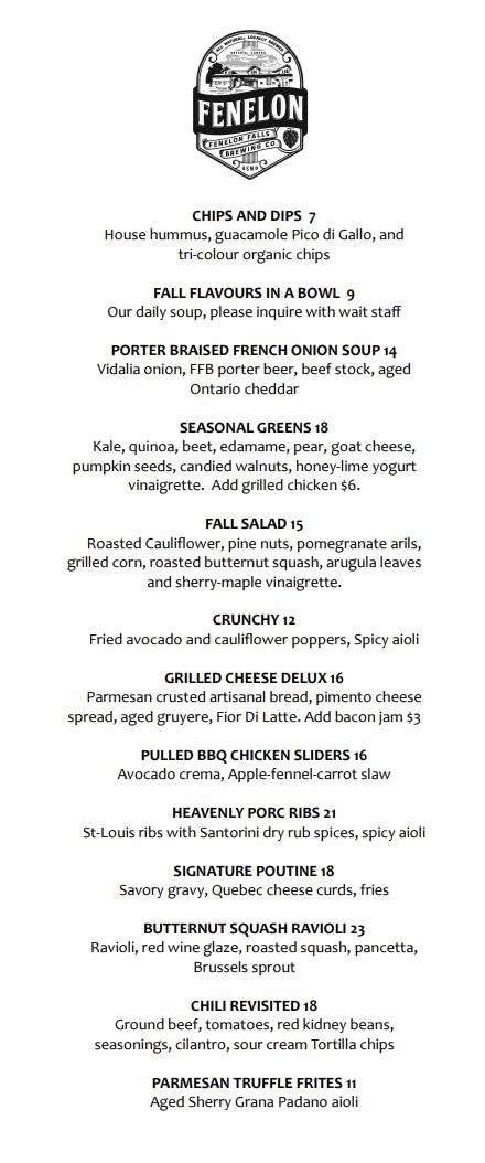 Fenelon Falls Brewing Co. menu in Fenelon Falls, Ontario, Canada