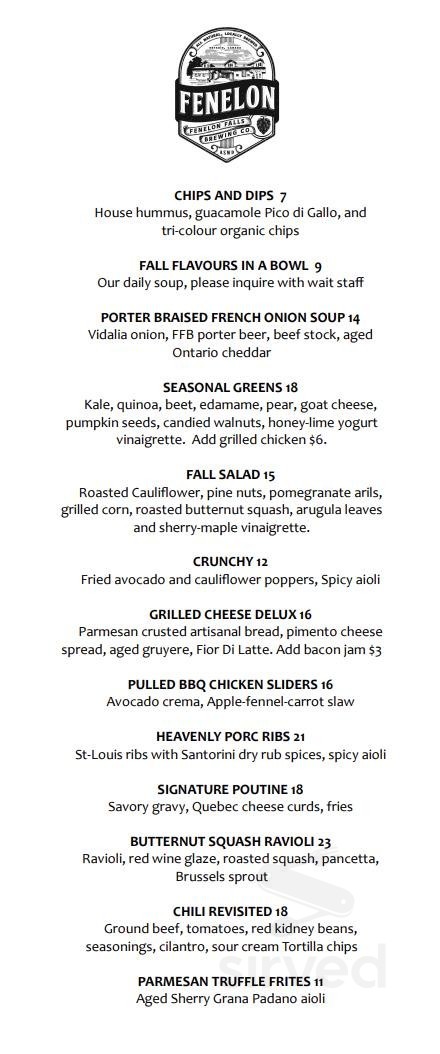 Menu for Fenelon Falls Brewing Co. in Fenelon Falls, ON | Sirved