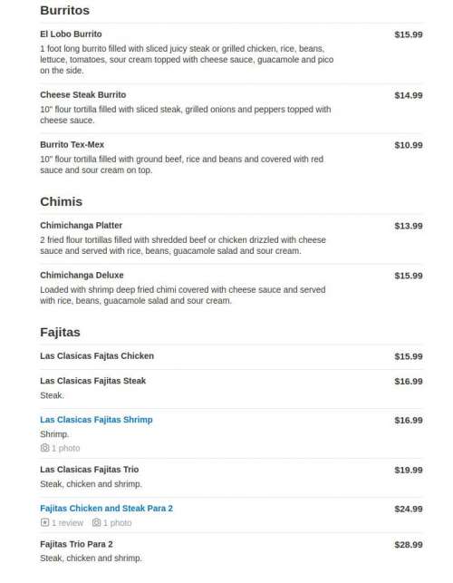 Casa Lobo Mexican Restaurant menu in Woodstock, Georgia, USA