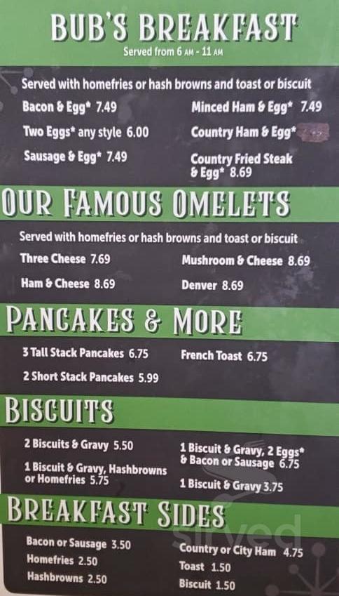 Bub's Cafe menu in Elizabethtown, Kentucky, USA