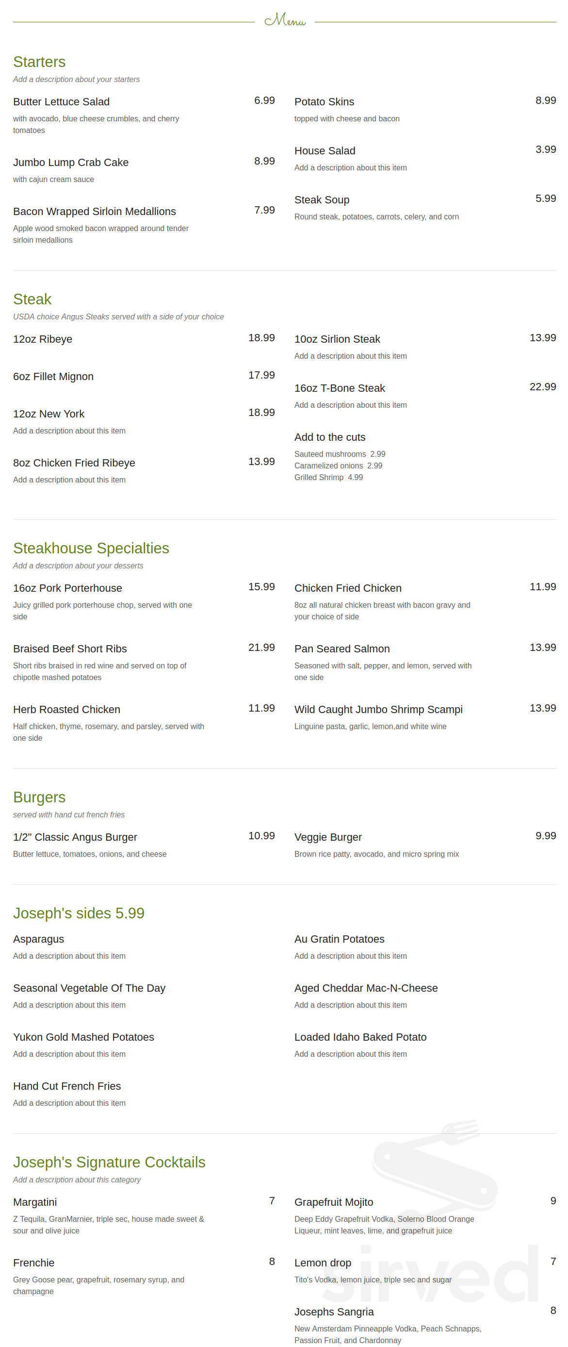 Menu for Joseph's Steak House in Elgin, TX | Sirved