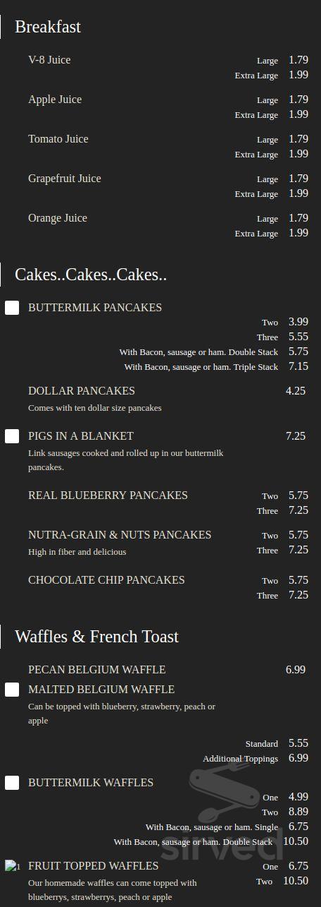 Cahill's Family Pancake House menu in Danville, Illinois, USA