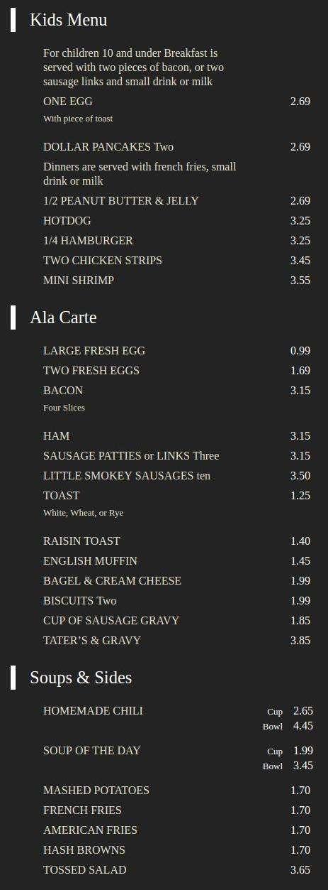 Cahill's Family Pancake House menu in Danville, Illinois, USA