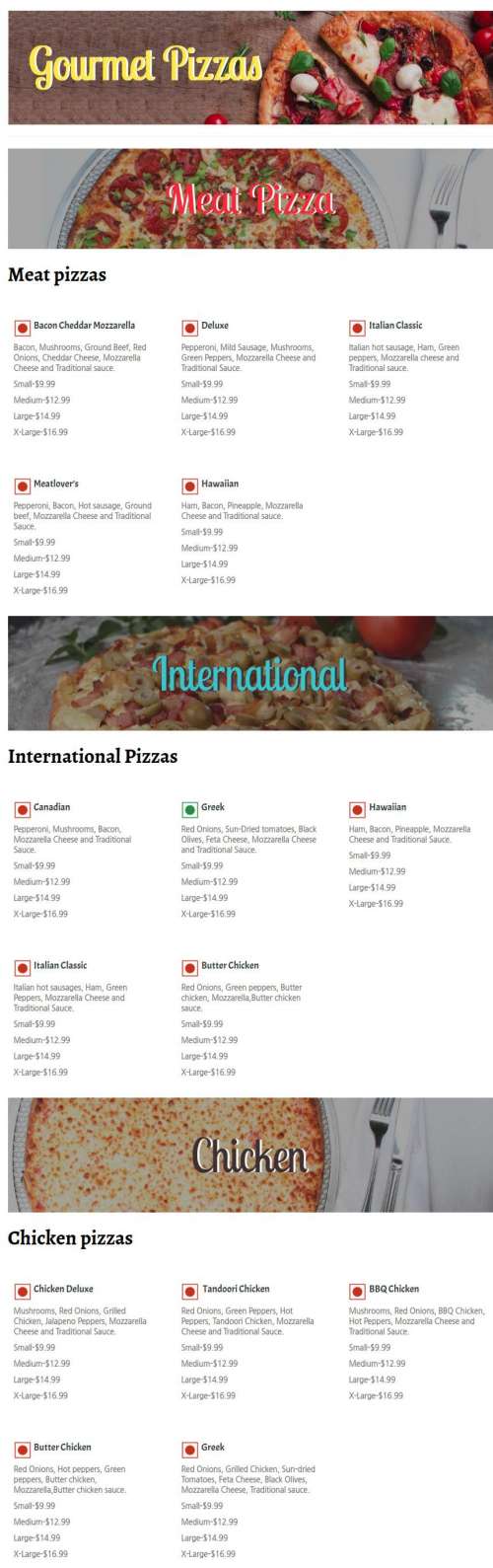 Pizzorama menu in Calgary, Alberta, Canada