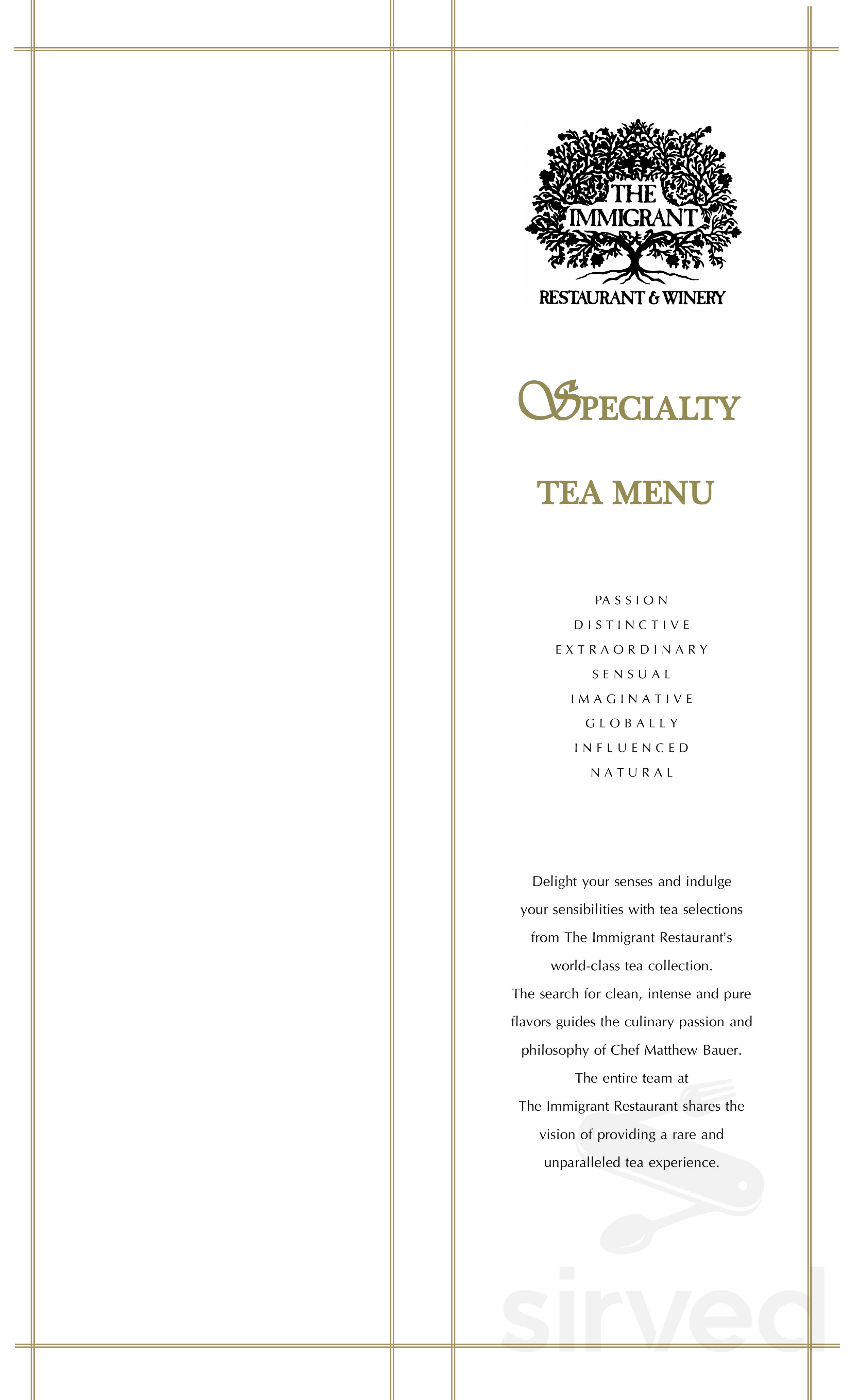 The Immigrant Restaurant menu in Kohler, Wisconsin, USA