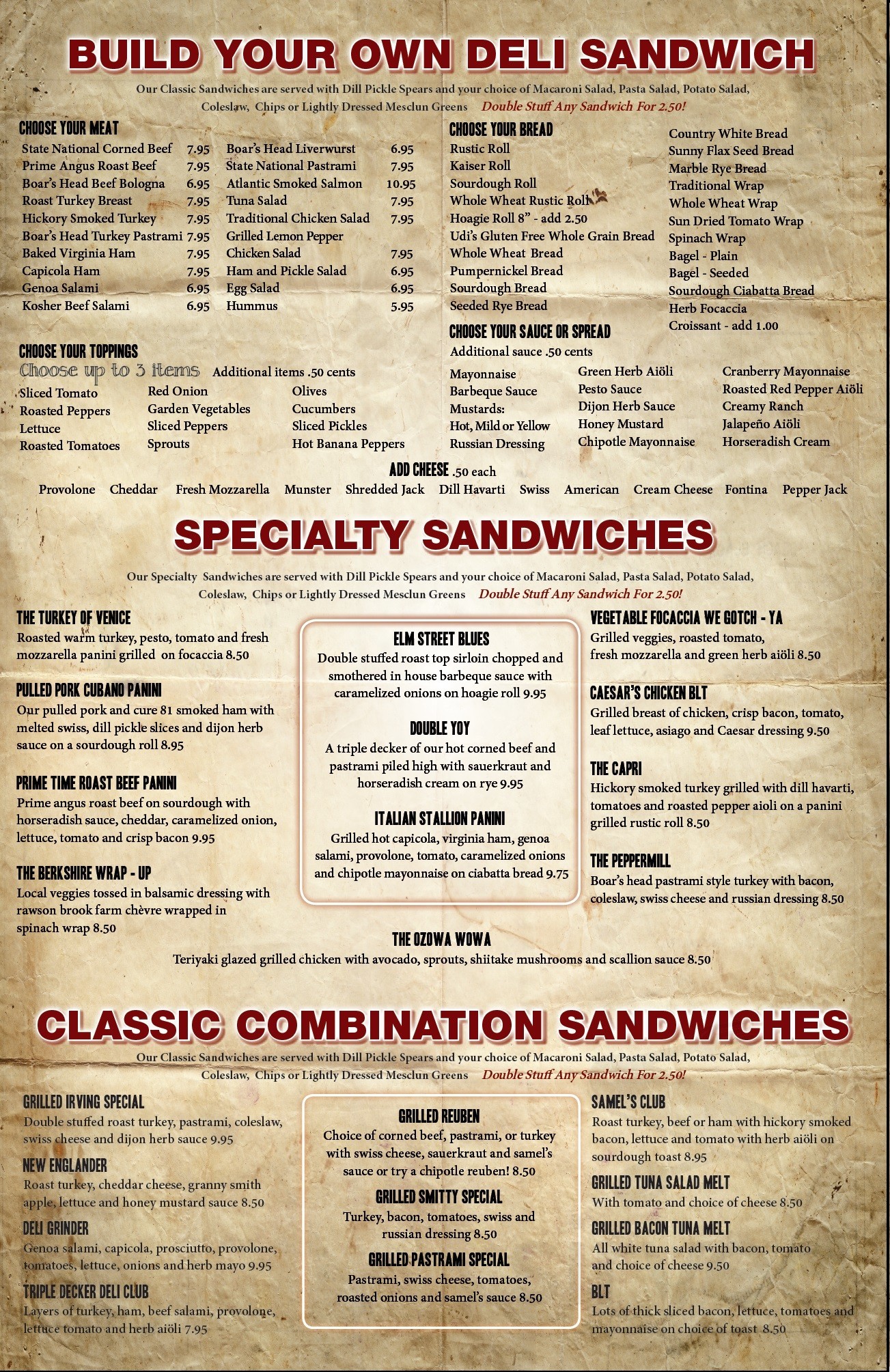Samel's Deli and Catering menu in Pittsfield, Massachusetts, USA