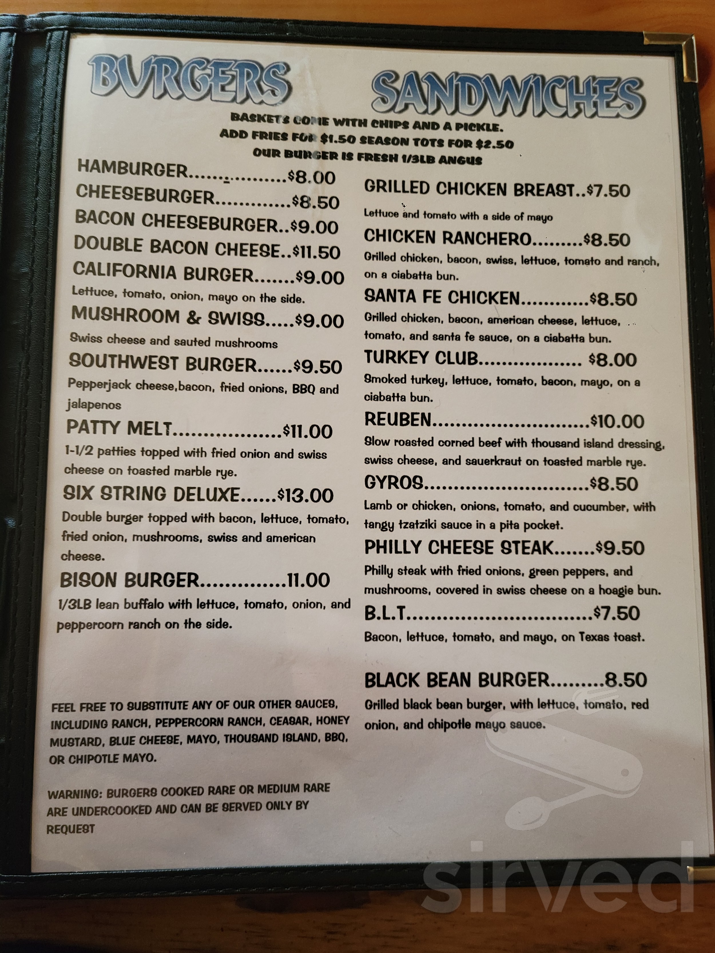 Six String Saloon menu in Maiden Rock, Wisconsin, USA