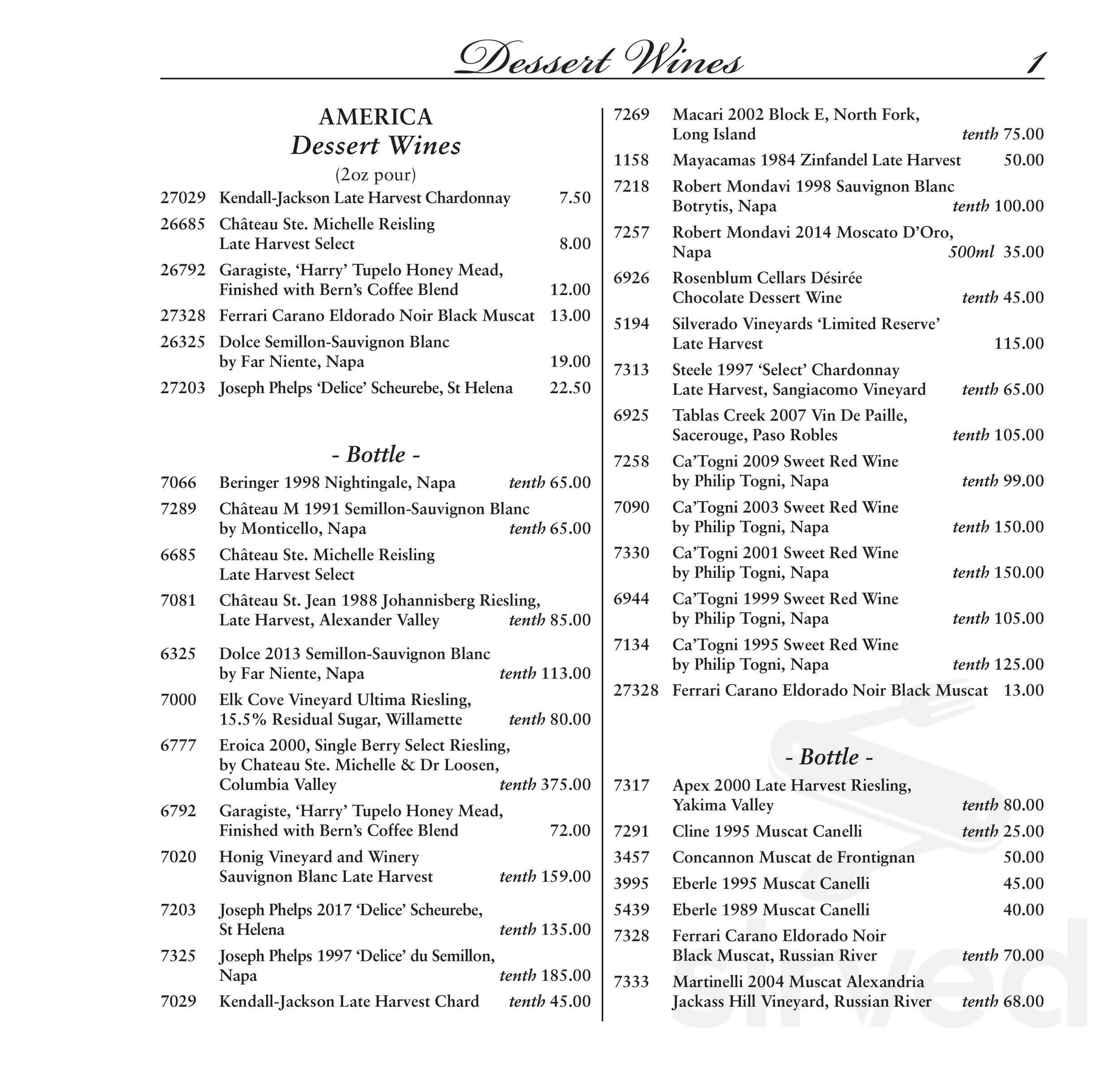 Bern's Steak House menu in Tampa, Florida, USA