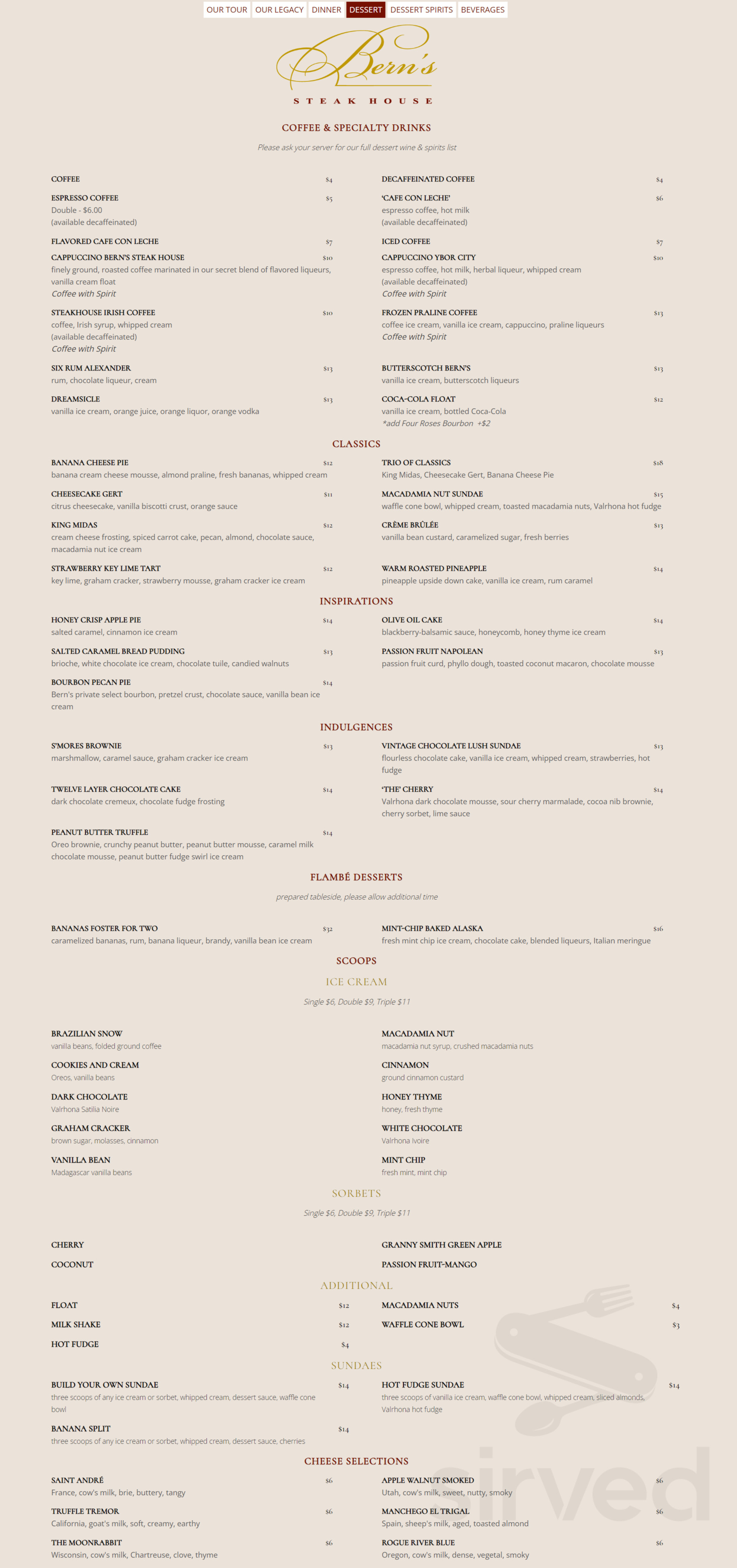 Bern's Steak House menu in Tampa, Florida, USA