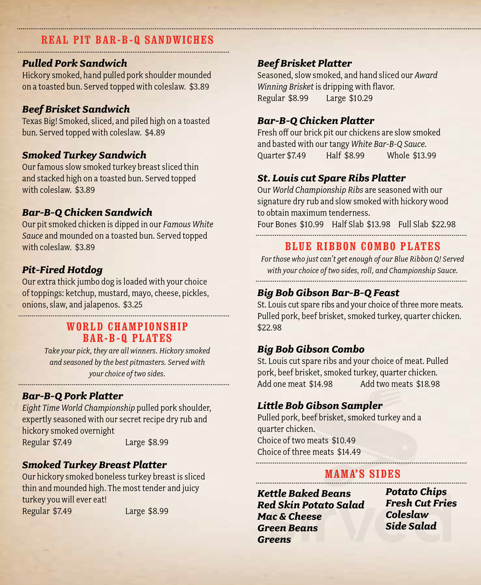 Menu - Decatur AL's Big Bob Gibson Bar-B-Q | Sirved