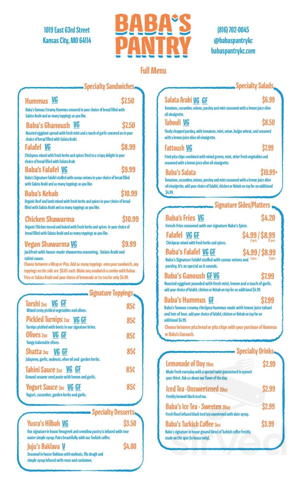 Menu - Kansas City MO's Baba's Pantry | Sirved